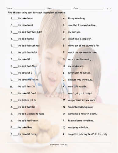 Reported Speech Sentence Match Worksheet | Teaching Resources