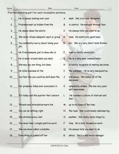 Bad Bosses Sentence Match Worksheet | Teaching Resources