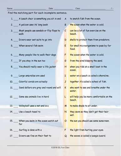 Beach Activities-Things Sentence Match Worksheet | Teaching Resources
