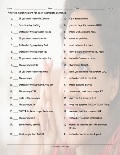 Cell Phones-Texting Acronyms Sentence Match Worksheet | Teaching Resources
