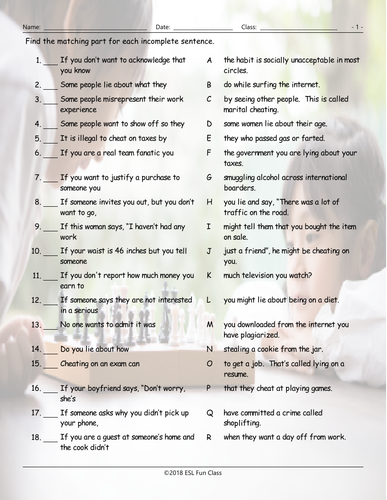 Cheaters-Dishonesty Sentence Match Worksheet | Teaching Resources