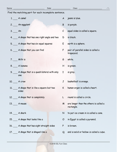 Colors-Shapes Sentence Match Worksheet | Teaching Resources