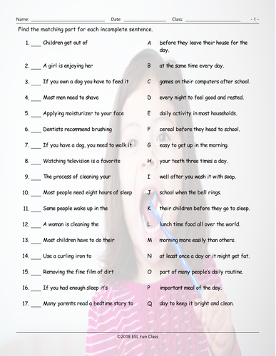 Daily Activities Sentence Match Worksheet | Teaching Resources