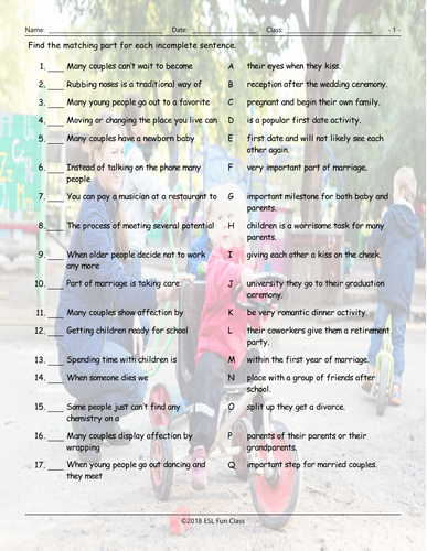 Dating-Marriage Activities Milestones Sentence Match Worksheet ...