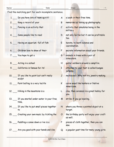 Free Time-Hobbies Sentence Match Worksheet | Teaching Resources