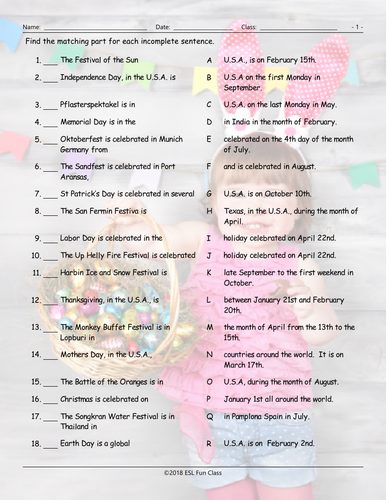 Holidays-Festivals Around the World Sentence Match Worksheet | Teaching ...