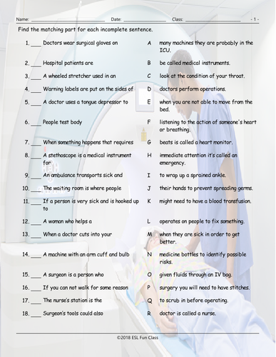Hospitals-Injuries Sentence Match Worksheet | Teaching Resources