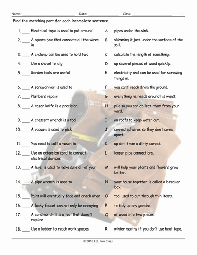House Repairs Tools Supplies Sentence Match Worksheet | Teaching Resources