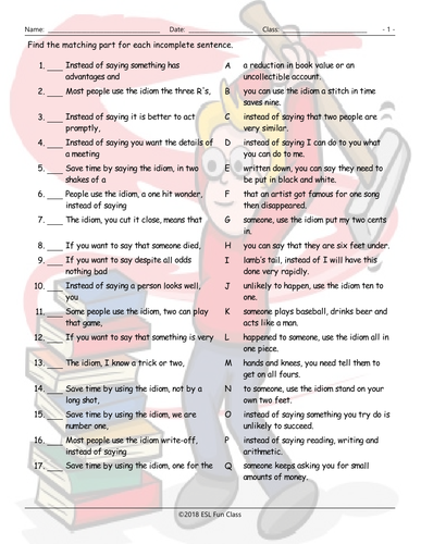 Idioms Sentence Match Worksheet | Teaching Resources