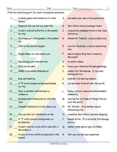 Internet Sites-Terms-Activities Sentence Match Worksheet | Teaching ...