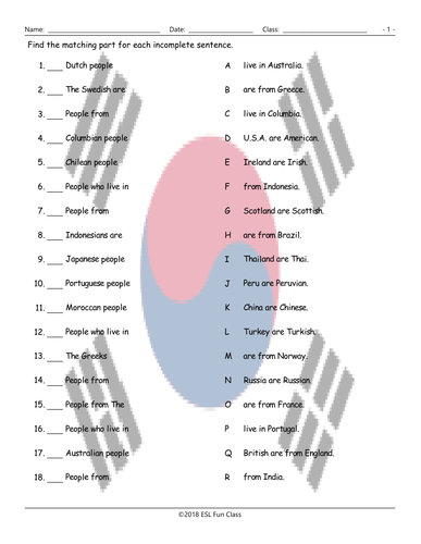 Origins-Nationalities Sentence Match Worksheet | Teaching Resources
