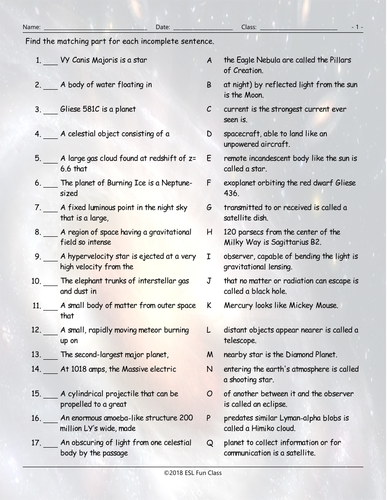 Space-Astronomy Sentence Match Worksheet | Teaching Resources