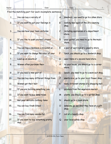 Store-Shops Sentence Match Worksheet | Teaching Resources