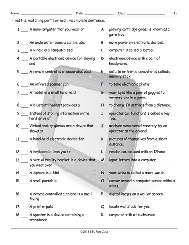Technology-Gadgets Sentence Match Worksheet | Teaching Resources