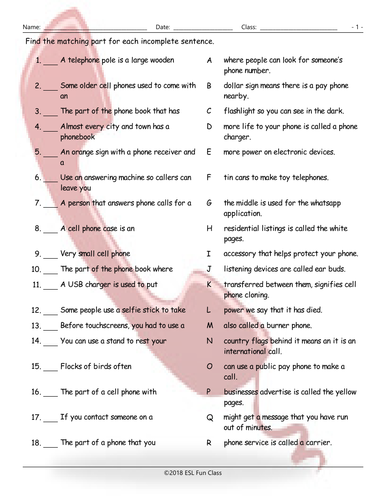 Telephones Sentence Match Worksheet | Teaching Resources