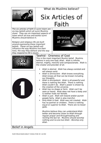 6 ARTICLES of FAITH - Sunni Islam - AQA | Teaching Resources