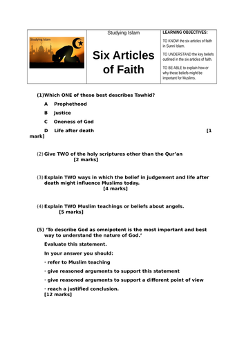 6 ARTICLES of FAITH - Sunni Islam - AQA | Teaching Resources