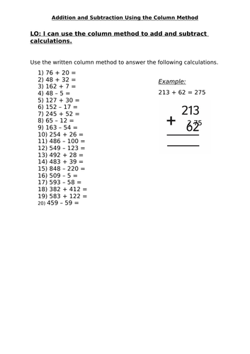 Addition and Subtraction Column Method | Teaching Resources