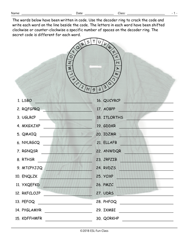 Clothing Items Decoder Ring Worksheet | Teaching Resources
