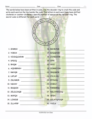 Food Items Decoder Ring Worksheet | Teaching Resources