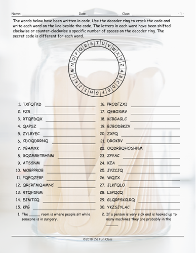 Hospitals-Injuries Decoder Ring Worksheet | Teaching Resources