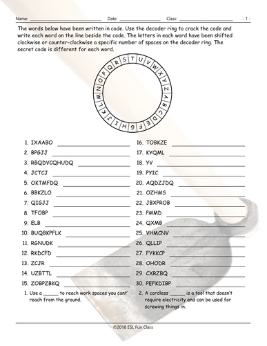 House Repairs, Tools-Supplies Decoder Ring Worksheet | Teaching Resources