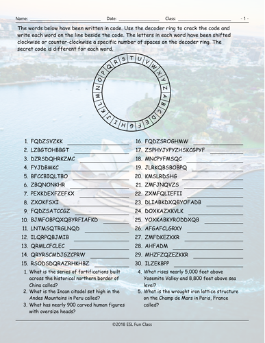 Tourist Attractions Around The World Decoder Ring Worksheet | Teaching ...