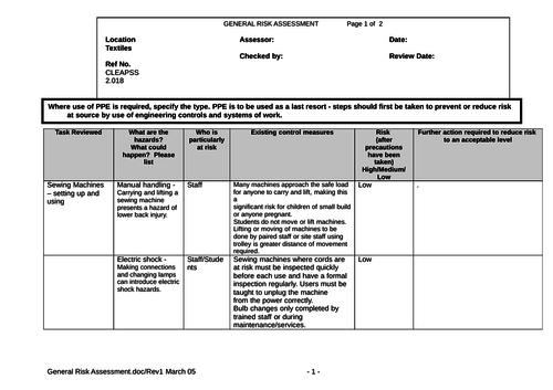Risk Assessments - Textiles, Sewing Machines | Teaching Resources