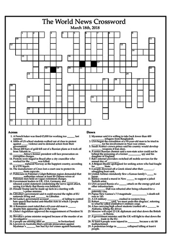 The World News Crossword - March 18th, 2018 | Teaching Resources