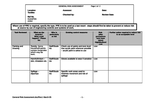 Risk Assessment Textiles Room | Teaching Resources