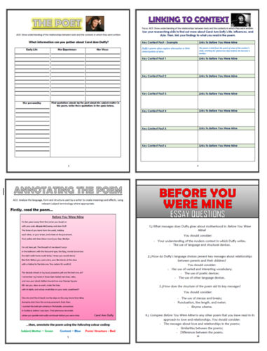 Before You Were Mine - Carol Ann Duffy - Comprehension Activities ...