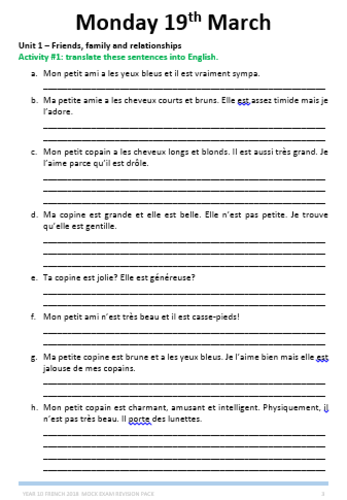 GCSE French student revision workbook (Week 1 - Friends, family ...