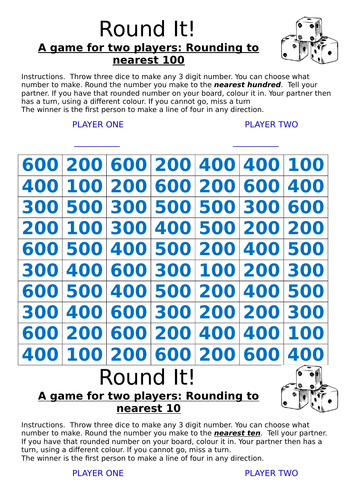 Rounding numbers to nearest 10 and 100. A game for two players ...