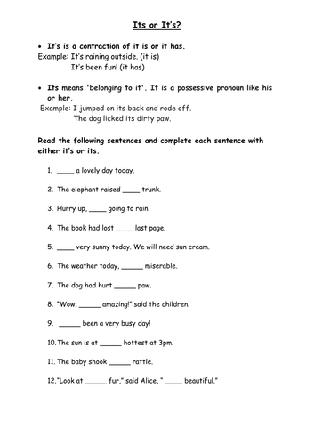 Its or It's Worksheet (With or without an apostrophe) | Teaching Resources