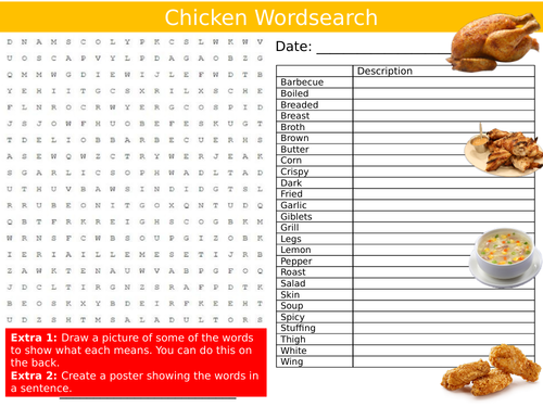 Chicken Wordsearch Sheet Food Technology Starter Activity Keywords KS3 ...