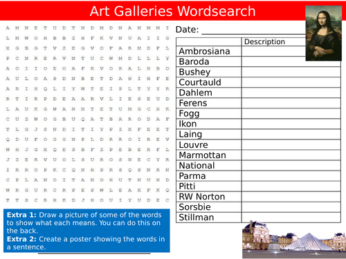 Famous Art Galleries Wordsearch Sheet Starter Activity Keywords KS3 ...