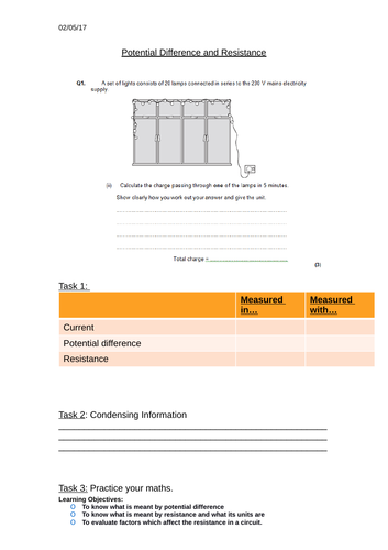 Potential Difference and Resistance AQA GCSE | Teaching Resources