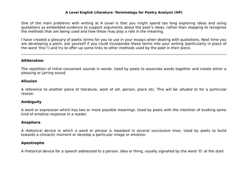 Helpful Glossary of Poetry Terminology (A Level / GCSE) | Teaching ...