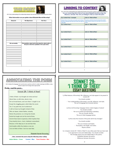 Sonnet 29: 'I think of thee!' Comprehension Activities Booklet ...