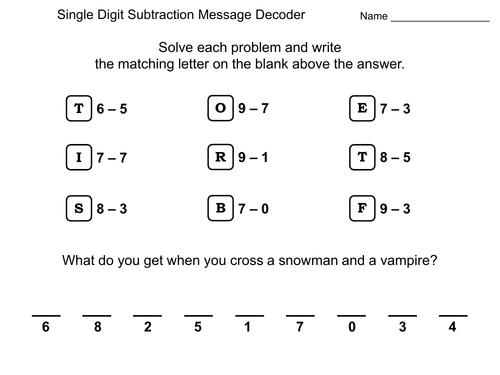Single Digit Subtraction Activity: Math Message Decoder | Teaching ...