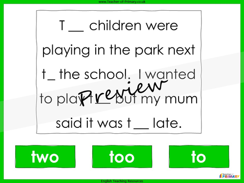 Easily Confused Words - Two, Too and To | Teaching Resources