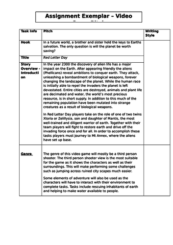 Video Game Pitch Task - Example response and Teacher's copy (Annotated ...