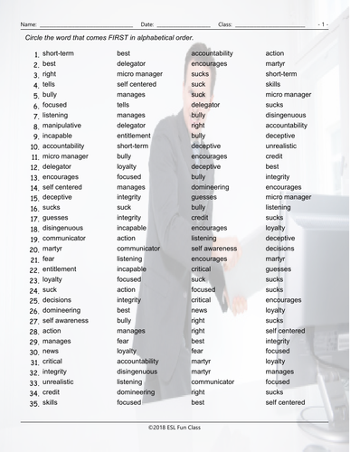 Bad Bosses Alphabetical Order Worksheet | Teaching Resources