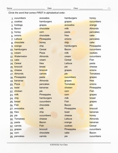 Food Items Alphabetical Order Worksheet | Teaching Resources