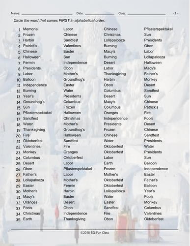 Holidays-Festivals Around the World Alphabetical Order Worksheet ...