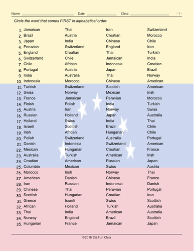 Origins-Nationalities Alphabetical Order Worksheet | Teaching Resources