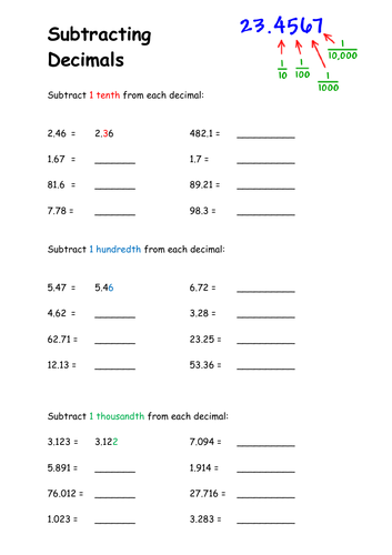 Subtracting Decimals - worksheet | Teaching Resources