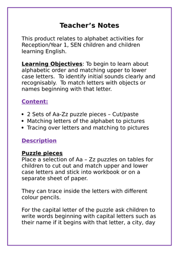Alphabet Activities Match Capital Uppercase Lowercase letters Puzzles ...