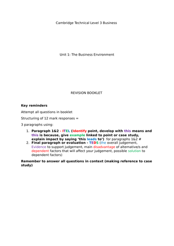 CTEC Level 3 Business unit 1: Revision booklet | Teaching Resources