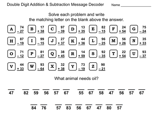 Double Digit Addition and Subtraction Activity: Math Message Decoder ...